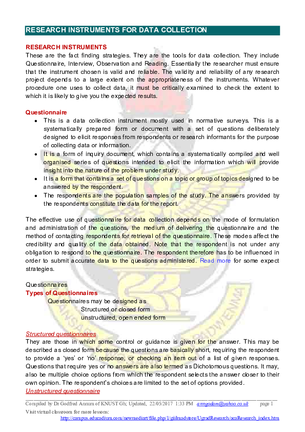 Pdf Research Instruments For Data Collection