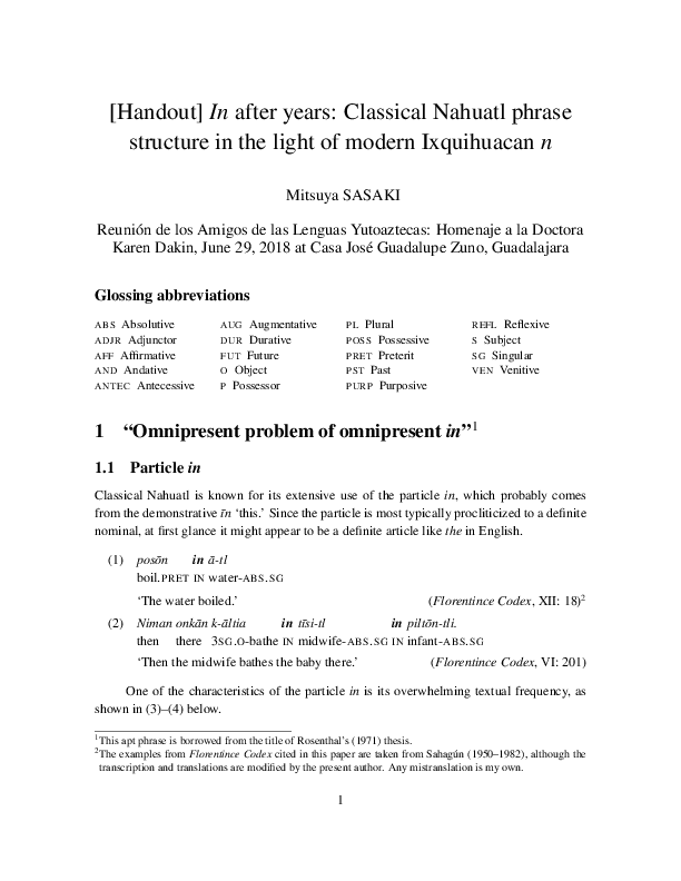 (PDF) In after years: Classical Nahuatl phrase structure in the light ...