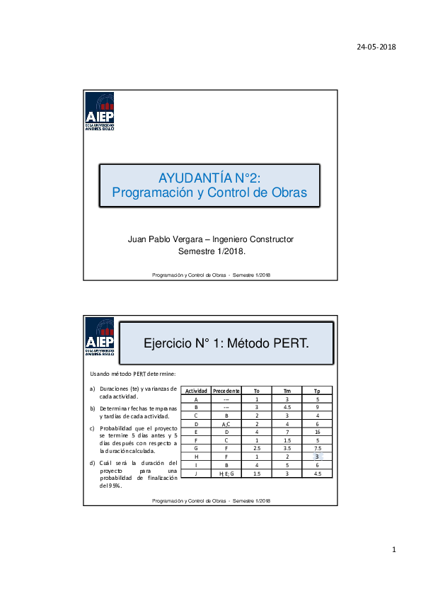 (PDF) AYUDANTÍA N°2: Programación y Control de Obras Ejercicio N° 1: Método PERT