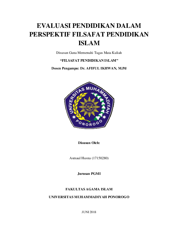 (DOC) EVALUASI PENDIDIKAN DALAM PERSPEKTIF FILSAFAT PENDIDIKAN ISLAM Copy