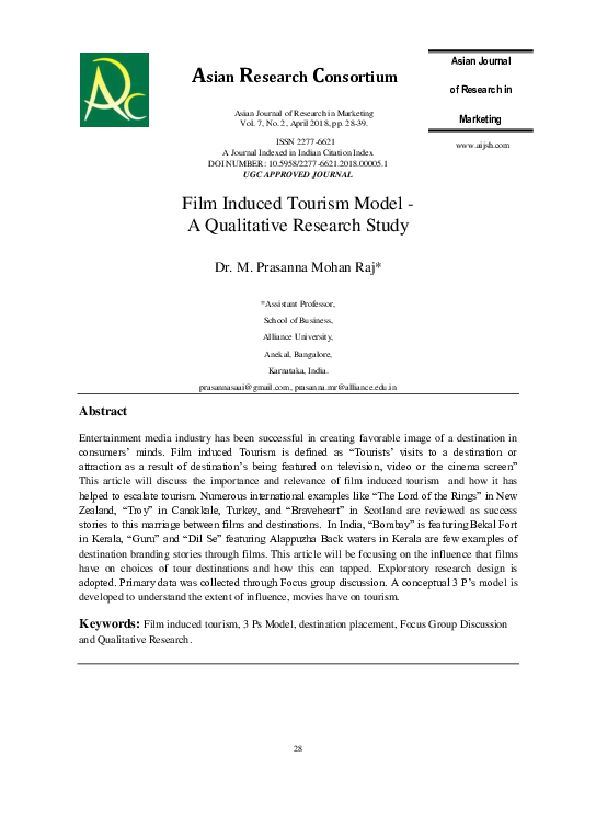 (PDF) 3P's-3A's Film Induced Tourism Model - A Qualitative Research Study