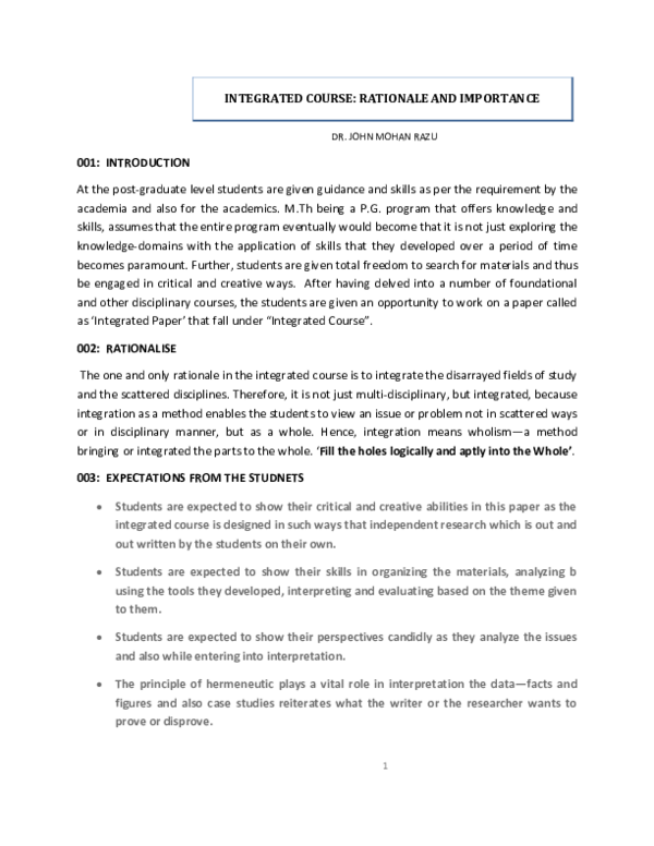 (PDF) INTEGRATED COURSE: RATIONALE AND IMPORTANCE | JOHN MOHAN RAZU ...
