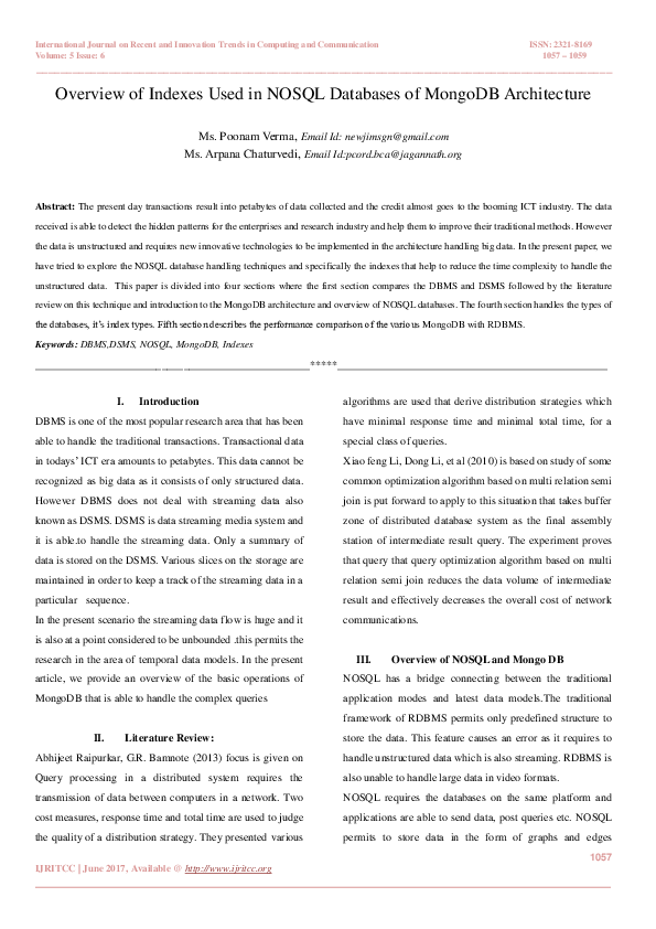 Pdf Overview Of Indexes Used In Nosql Databases Of Mongodb Architecture