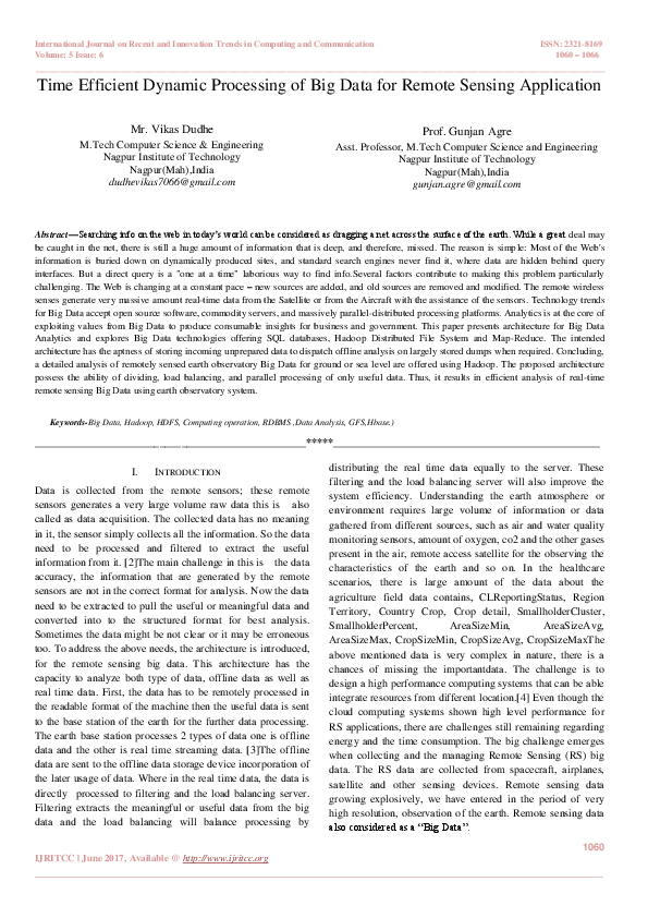 Pdf Time Efficient Dynamic Processing Of Big Data For Remote Sensing Application