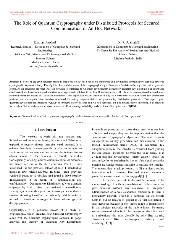 Pdf The Role Of Quantum Cryptography Under Distributed Protocols For
