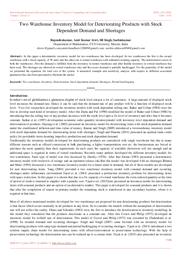 Pdf Two Warehouse Inventory Model For Deteriorating Products With Stock Dependent Demand And