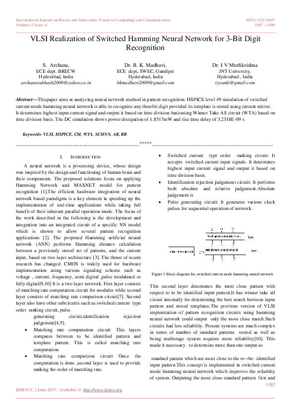 Pdf Vlsi Realization Of Switched Hamming Neural Network For 3 Bit Digit Recognition