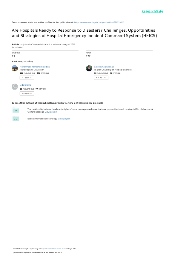 (PDF) Are hospitals ready to response to disasters? Challenges ...