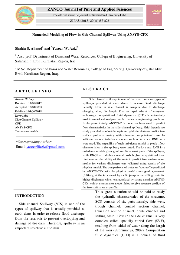 (PDF) Numerical Modeling of Flow in Side Channel Spillway Using ANSYS-CFX