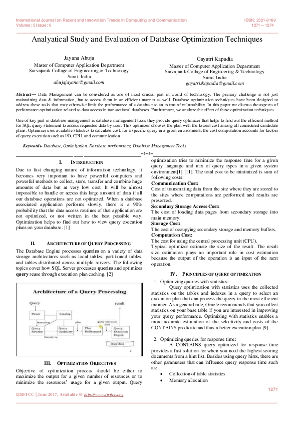(PDF) Analyatical Study and Evaluation of Database Optimization Techniques