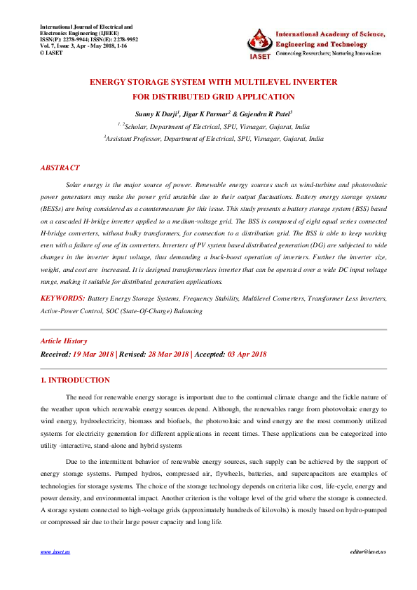 Pdf Energy Storage System With Multilevel Inverter For Distributed Grid Application