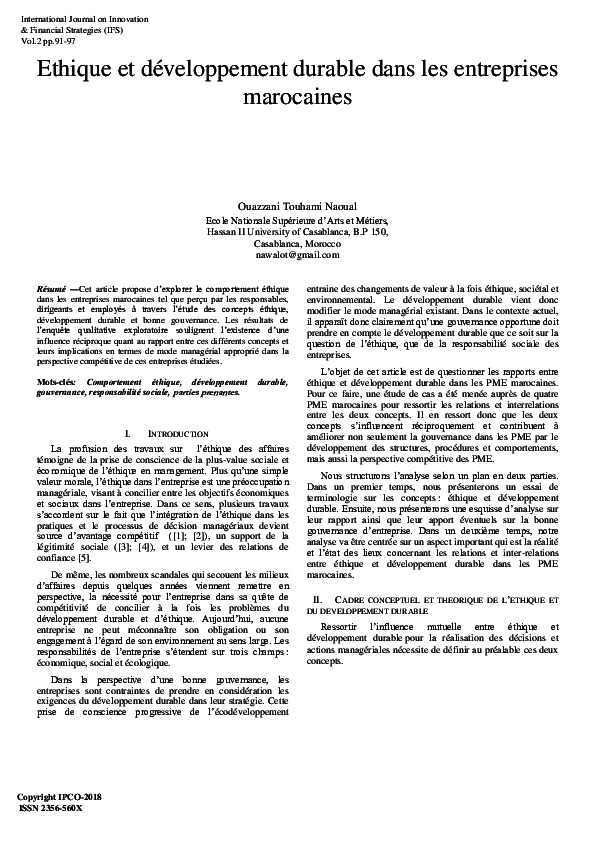 (PDF) Ethique et développement durable dans les entreprises marocaines