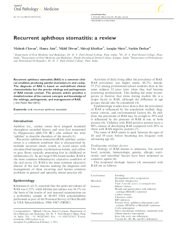 (PDF) Recurrent aphthous stomatitis: a review