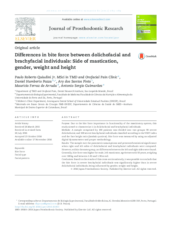 (PDF) Differences in bite force between dolichofacial and brachyfacial ...