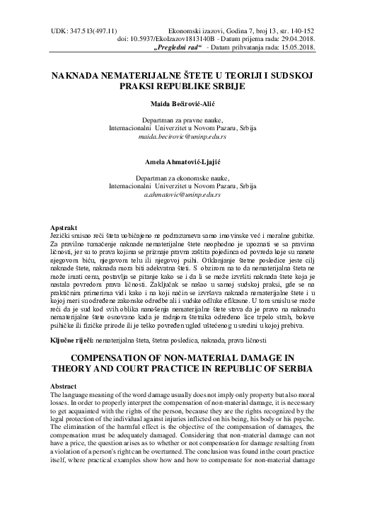 (PDF) NAKNADA NEMATERIJALNE ŠTETE U TEORIJI I SUDSKOJ PRAKSI REPUBLIKE SRBIJE COMPENSATION OF ...