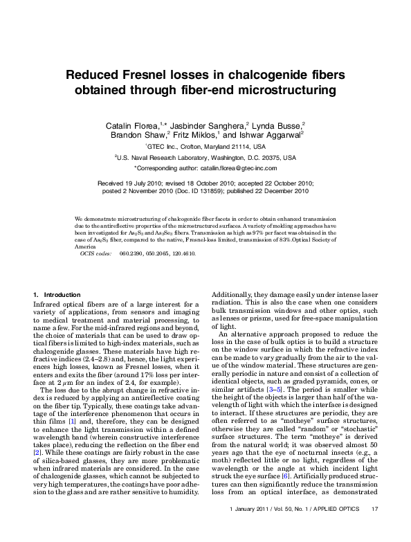 (PDF) Reduced Fresnel losses in chalcogenide fibers obtained through fiber-end microstructuring