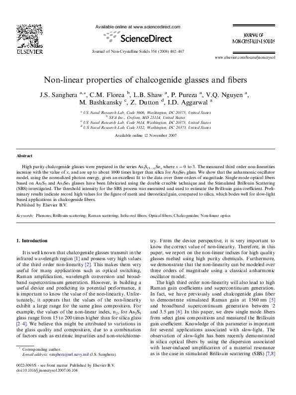 (PDF) Non-linear properties of chalcogenide glasses and fibers