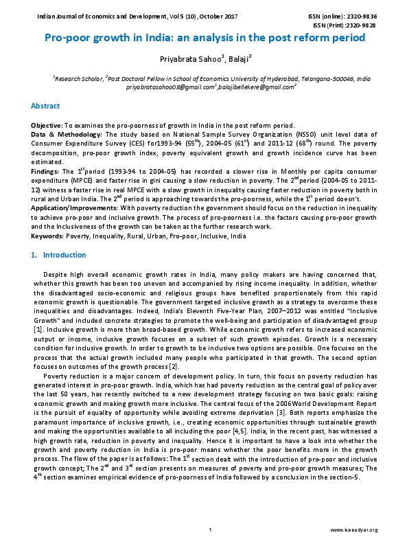 (PDF) Pro-poor growth in India: an analysis in the post reform period