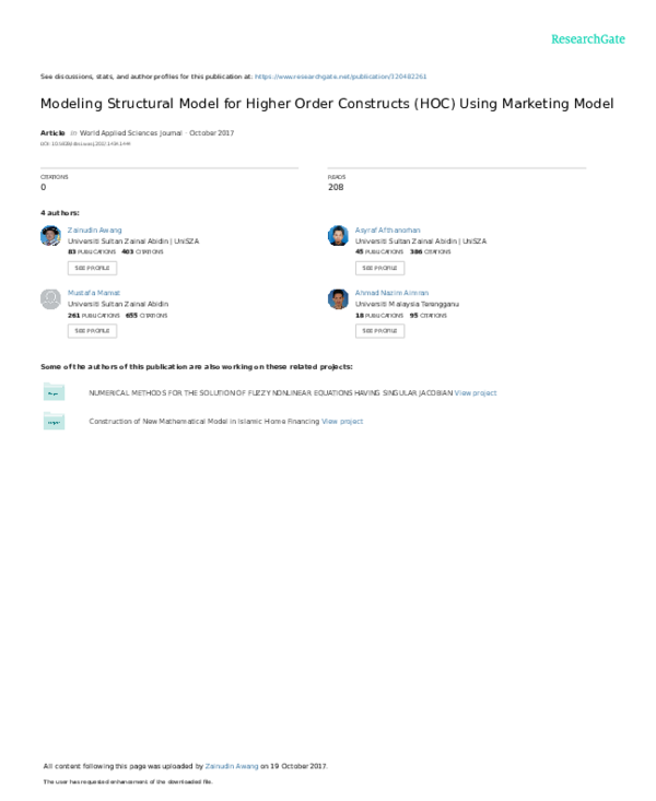 Pdf Modeling Structural Model For Higher Order Constructs Hoc Using Marketing Model