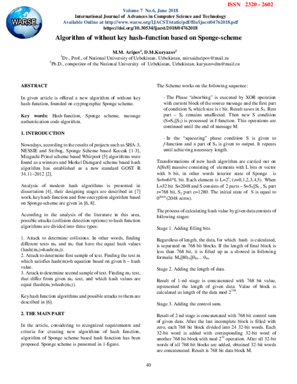 Pdf Algorithm Of Without Key Hashfunction Based On Sponge Scheme