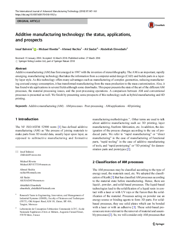 (PDF) Additive manufacturing technology: the status, applications, and ...
