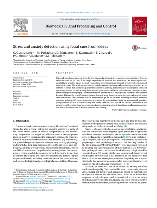 (PDF) Stress and anxiety detection using facial cues from videos