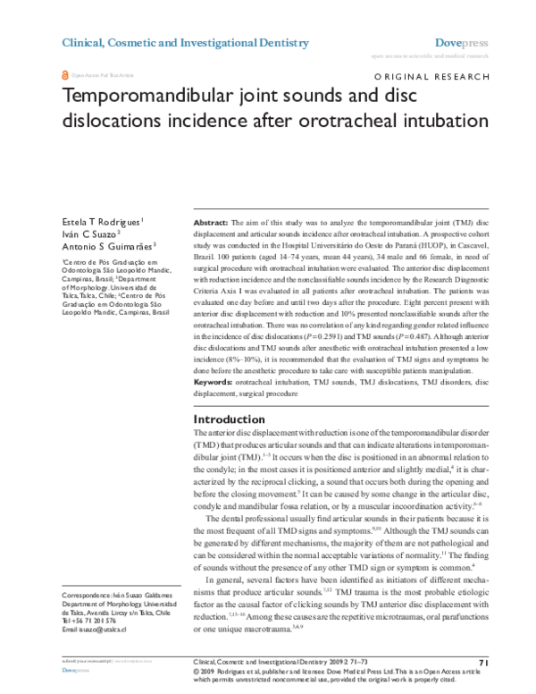 (PDF) Temporomandibular joint sounds and disc dislocations incidence ...