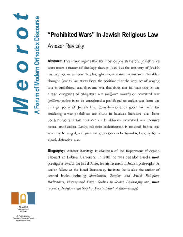 (PDF) Aviezer Ravitzky, “Prohibited Wars in Jewish Religious Law ...