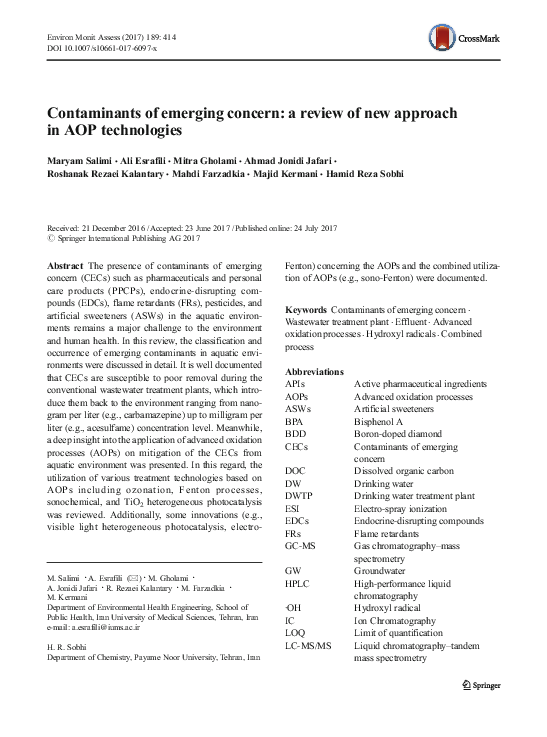 (PDF) Contaminants of emerging concern: a review of new approach in AOP technologies