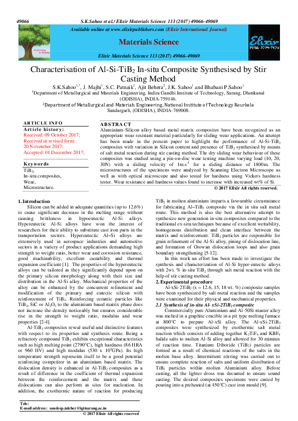 Pdf Characterisation Of Al Si Tib2 In Situ Composite Synthesised By