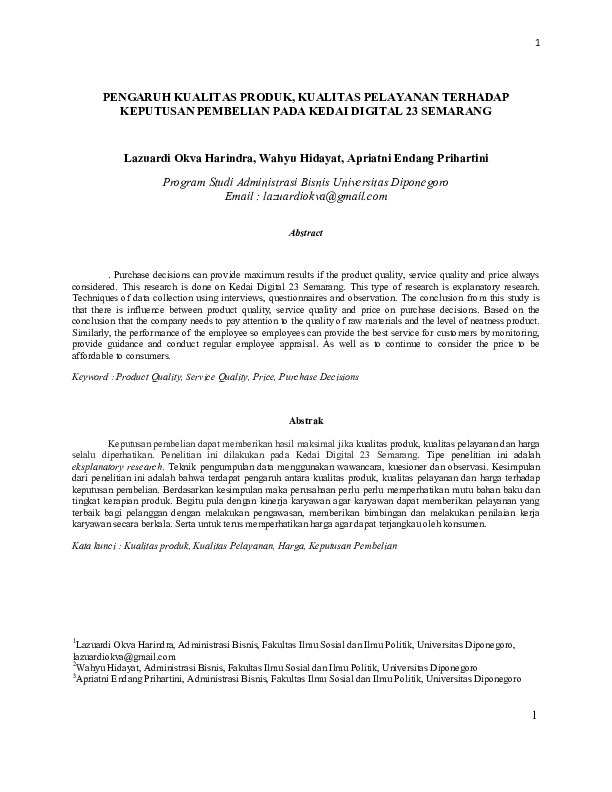 (PDF) Pengaruh Kualitas Produk, Kualitas Pelayanan Terhadap Keputusan Pembelian Pada Kedai ...