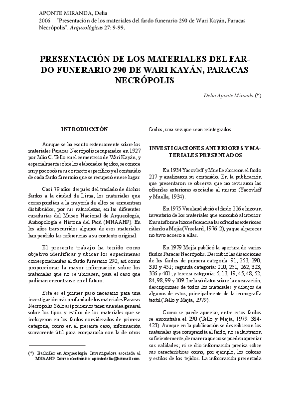 (PDF) Presentacion de los materiales del fardo funerario 290 de Wari ...