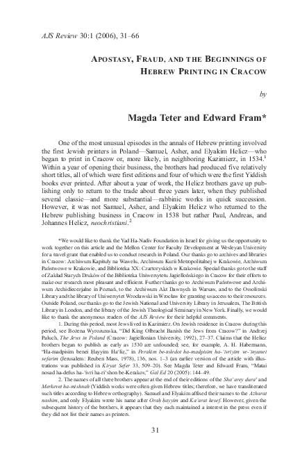 (PDF) Magda Teter and Edward Fram, “Apostasy, Fraud, and the Beginnings ...
