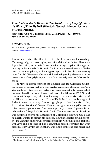 (PDF) Edward Fram, “Review of ‘From Maimonides to Microsoft: The Jewish ...