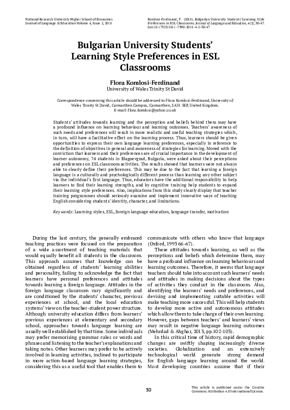 (PDF) University Students' Learning Style Preferences in ESL Classrooms