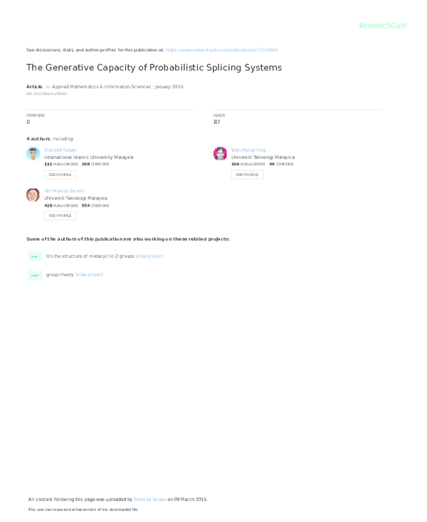(PDF) The Generative Capacity of Probabilistic Splicing Systems