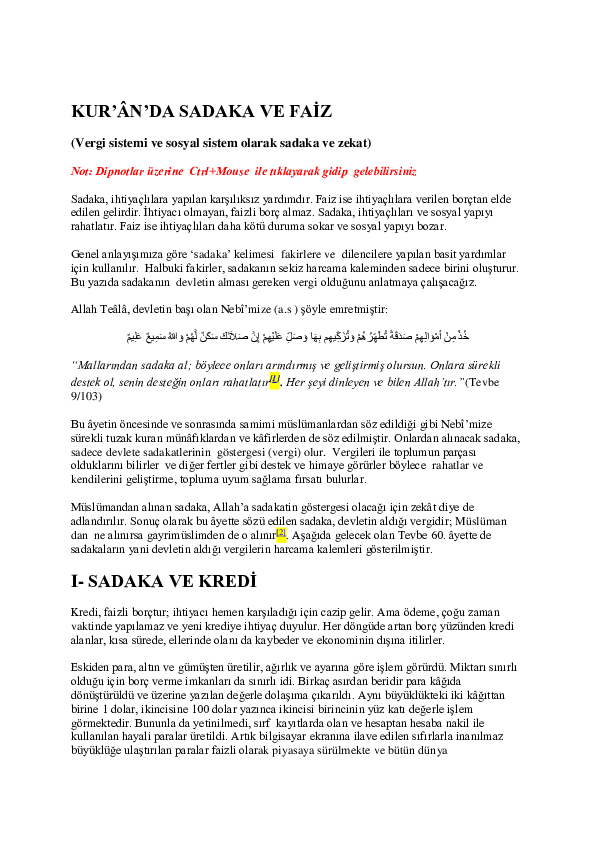 (DOC) KUR'ÂN'DA SADAKA VE FAİZ (Vergi sistemi ve sosyal sistem olarak sadaka ve zekat