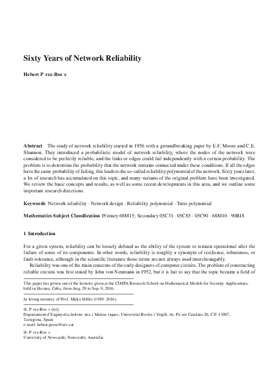 (PDF) Sixty Years of Network Reliability