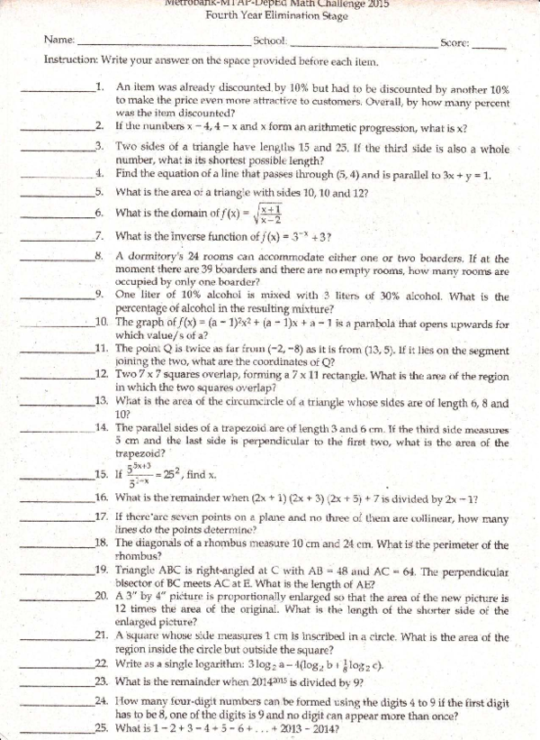 (PDF) Metrobank MTAP DepEd Math Challenge Elimination Grade
