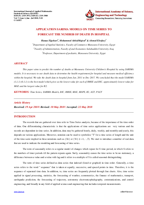 Pdf Application Sarima Models On Time Series To Forecast The Number Of Death In Hospital