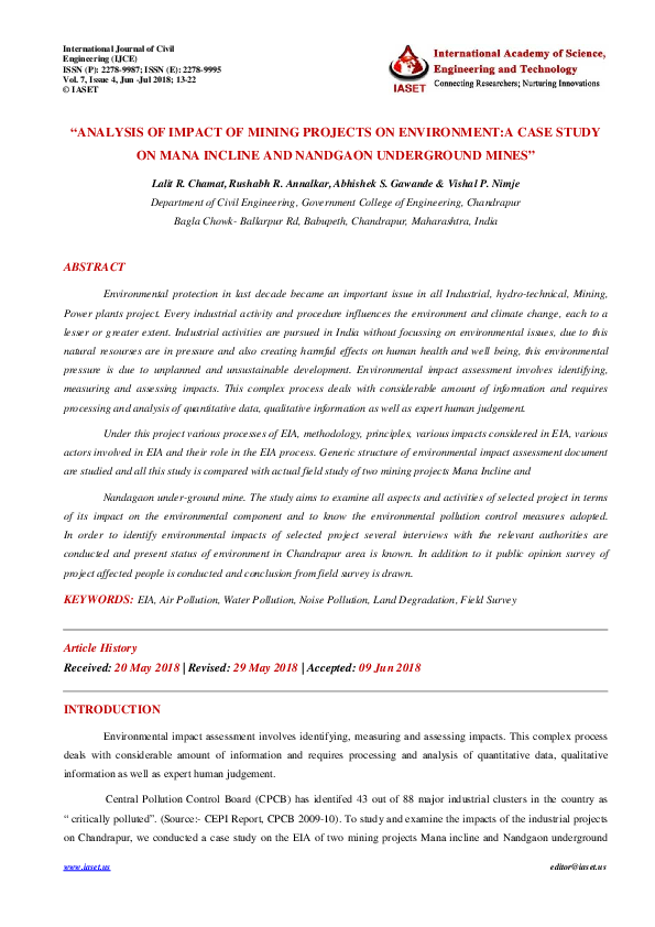 (PDF) " ANALYSIS OF IMPACT OF MINING PROJECTS ON ENVIRONMENT:A CASE ...