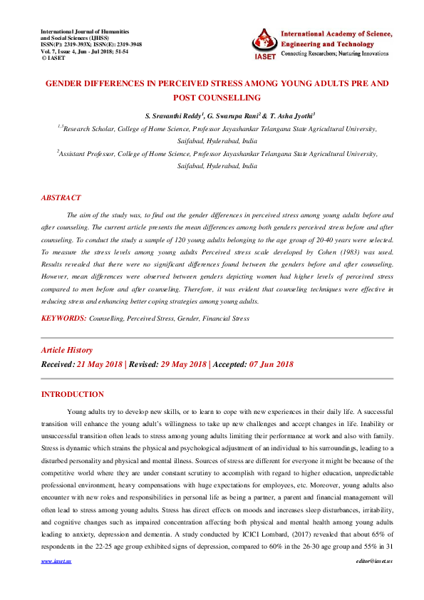 (PDF) GENDER DIFFERENCES IN PERCEIVED STRESS AMONG YOUNG ADULTS PRE AND POST COUNSELLING