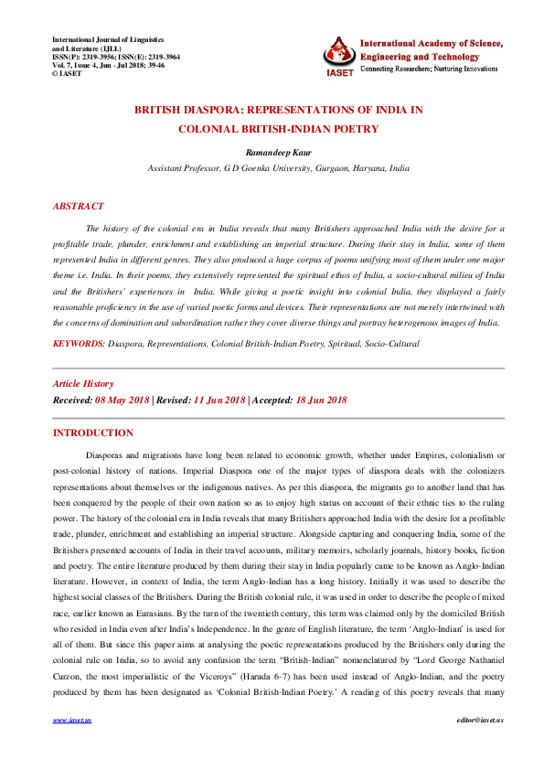 (PDF) BRITISH DIASPORA: REPRESENTATIONS OF INDIA IN COLONIAL BRITISH ...