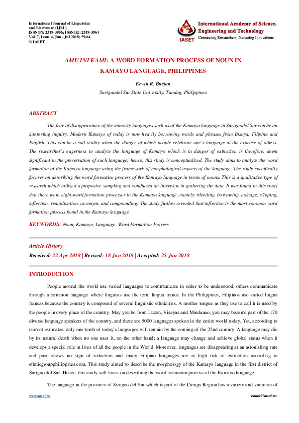 (PDF) AMU INI KAMI: A WORD FORMATION PROCESS OF NOUN IN KAMAYO LANGUAGE ...