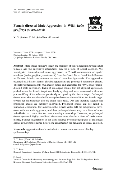 (PDF) Female-directed male aggression in wild Ateles geoffroyi yucatanensis