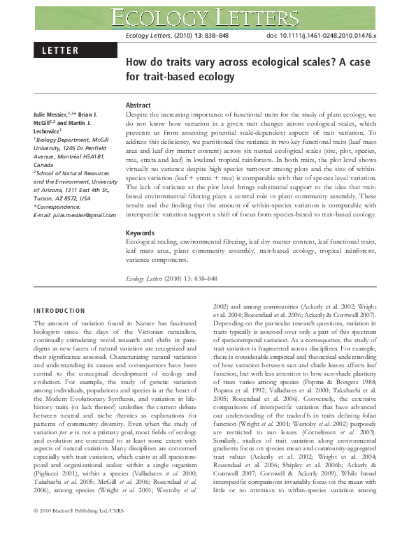 (PDF) How do traits vary across ecological scales? A case for trait ...
