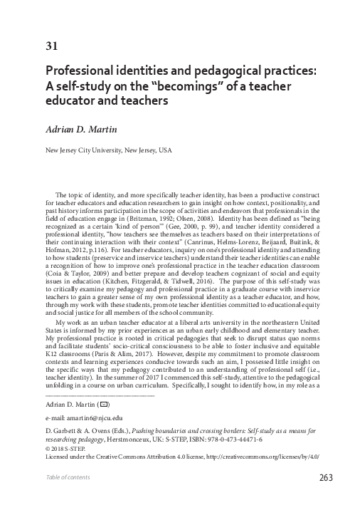(PDF) Professional identities and pedagogical practices: A self-study ...