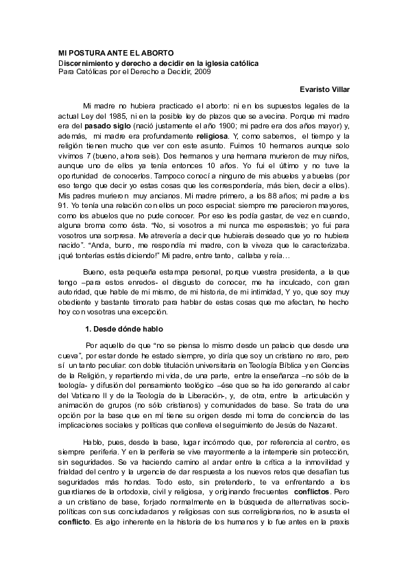 (DOC) EVARISTO VILLAR, Mi postura ante el aborto (2009)