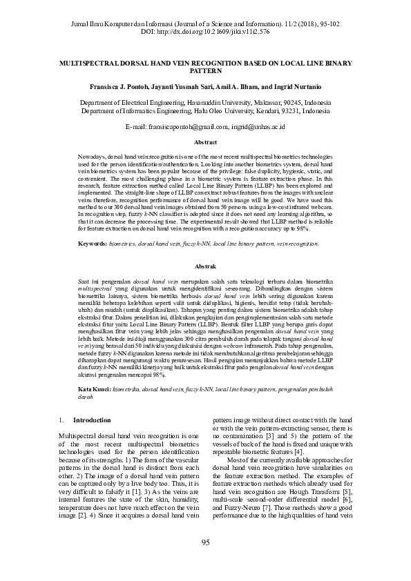 Pdf Multispectral Dorsal Hand Vein Recognition Based On Local Line Binary Pattern Fransisca