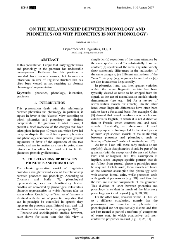 (PDF) On the relationship between phonology and phonetics (or why ...
